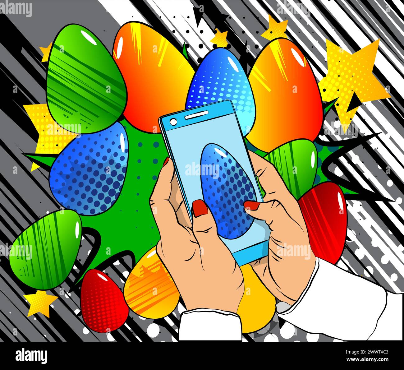 Cartoon Smartphone, comic book Telephone with Easter eggs. Retro vector ...