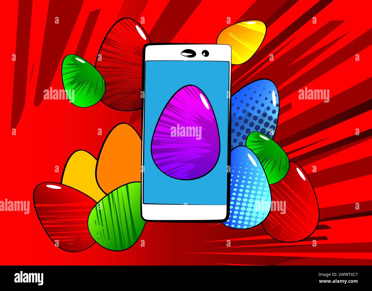 Cartoon Smartphone, comic book Telephone with Easter eggs. Retro vector ...