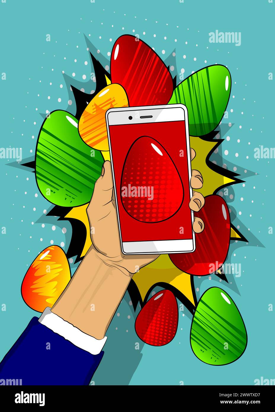Cartoon Smartphone, comic book Telephone with Easter eggs. Retro vector ...