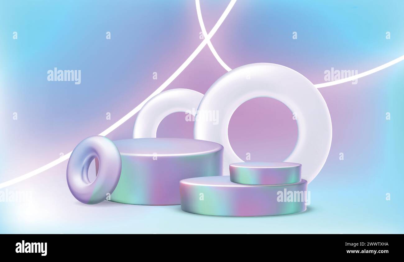 3d hologram product display podium background. Blue and pink abstract ...