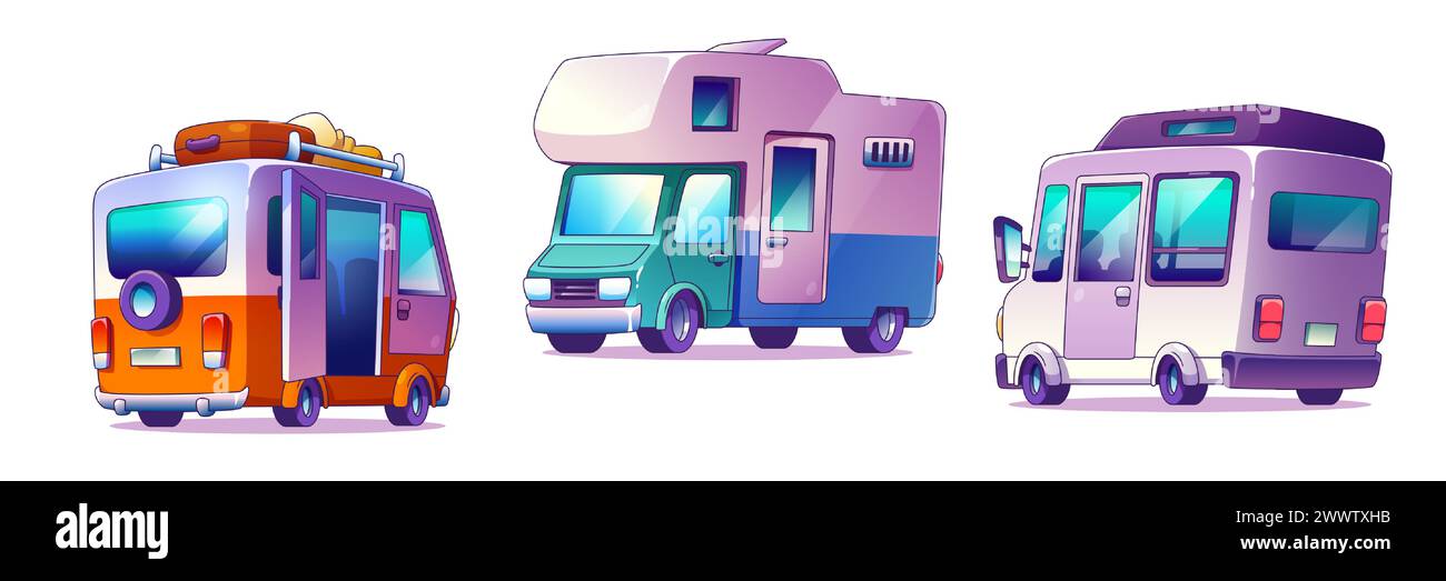 Camper van front and back view with baggage. Cute caravan rv car with ...