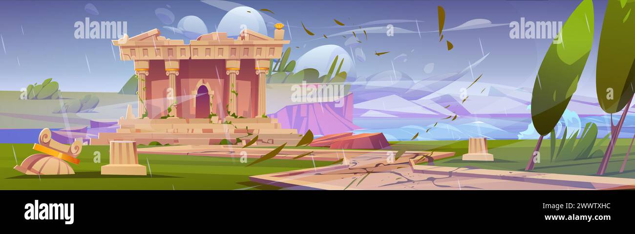 Broken abandoned ancient Greek temple with creeper on damaged columns ...