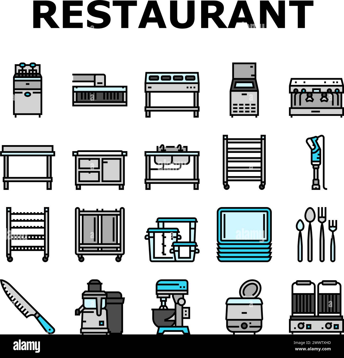 restaurant equipment kitchen cafe icons set vector Stock Vector Image ...
