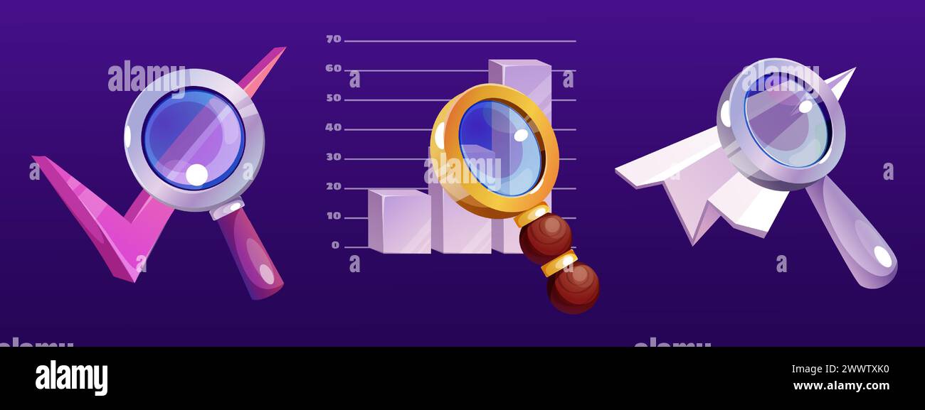Magnifier glass with checkmark, graph and paper plane. Cartoon vector ...