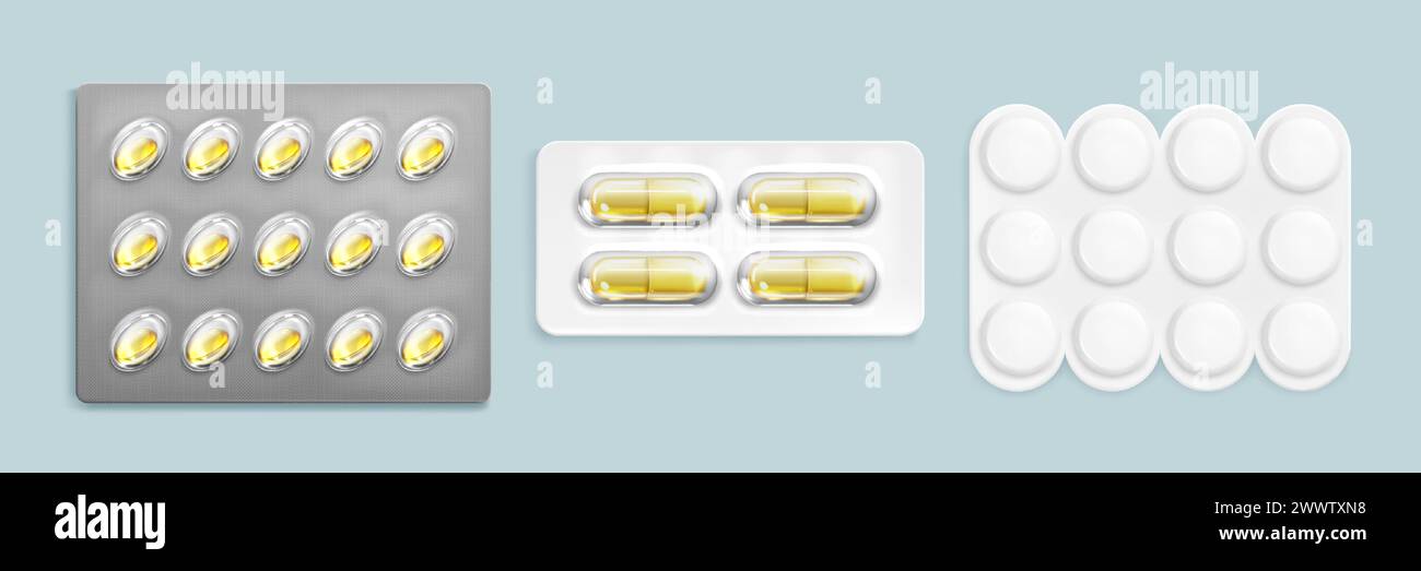 Pill blister with medicines. Realistic 3d vector mockup set of foil ...