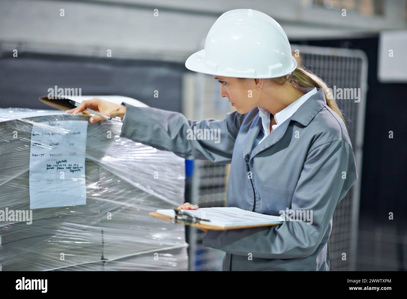 Logistics, clipboard and woman in warehouse with inventory for quality ...