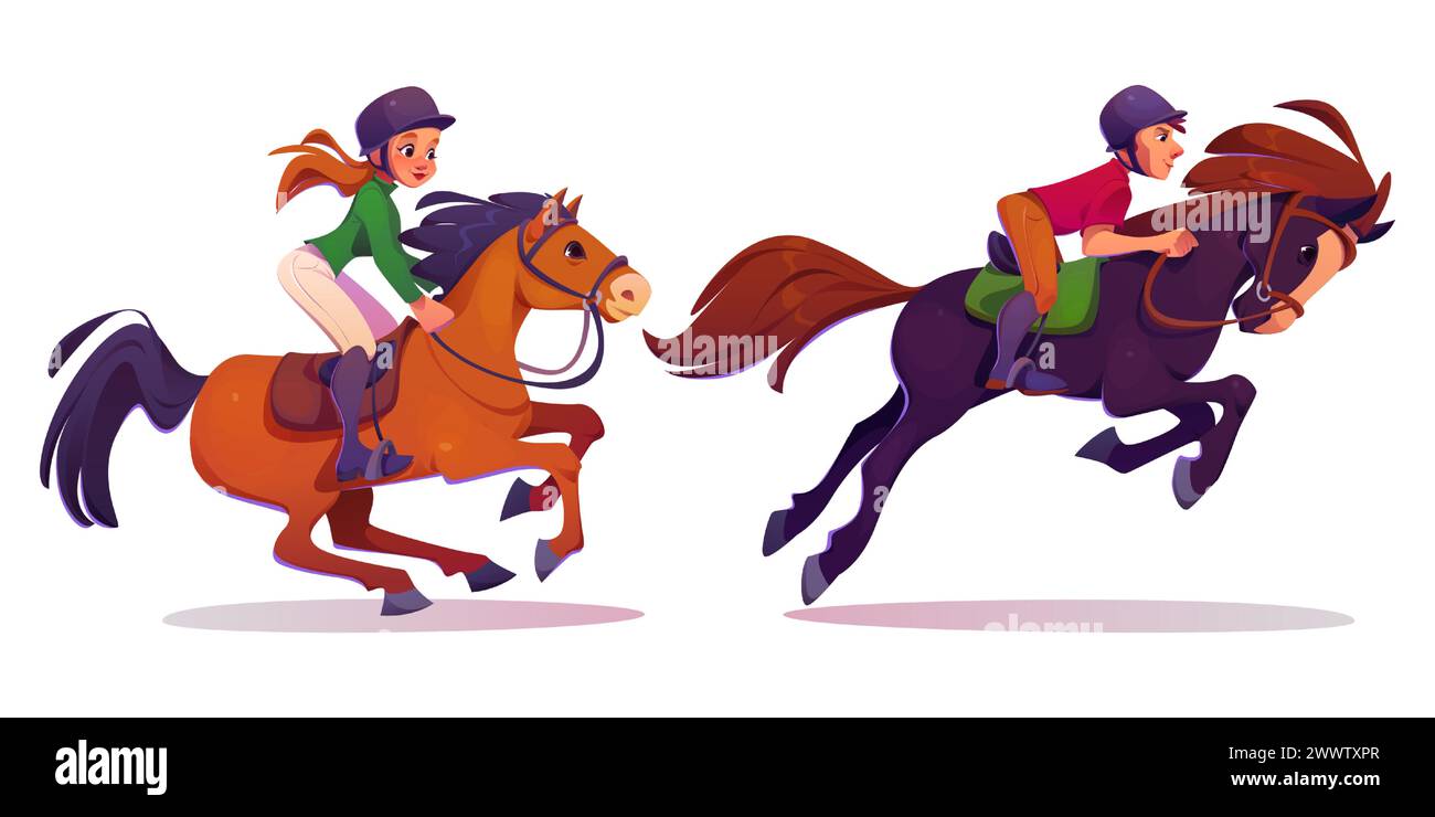 Horse rider man and woman in equipment. Cartoon vector illustration set ...
