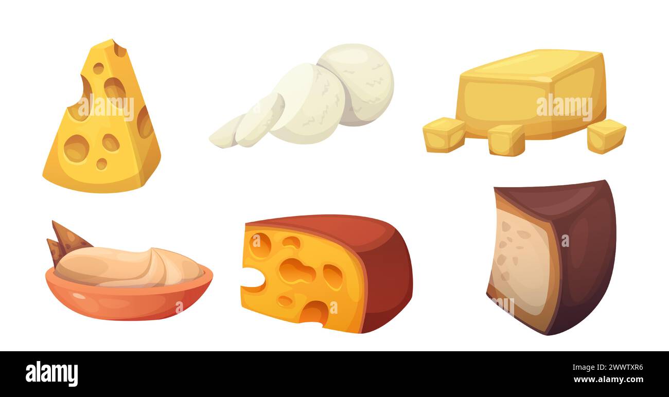 Cheddar cheese food piece isolated cartoon icon. Dairy triangle block ...