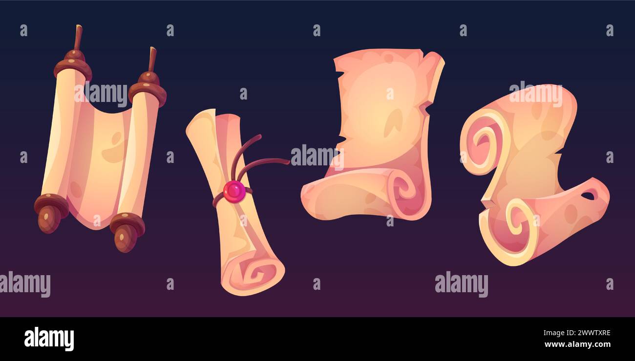 Parchment scroll for game ui design. Cartoon vector illustration set of rolled empty old papyrus ...