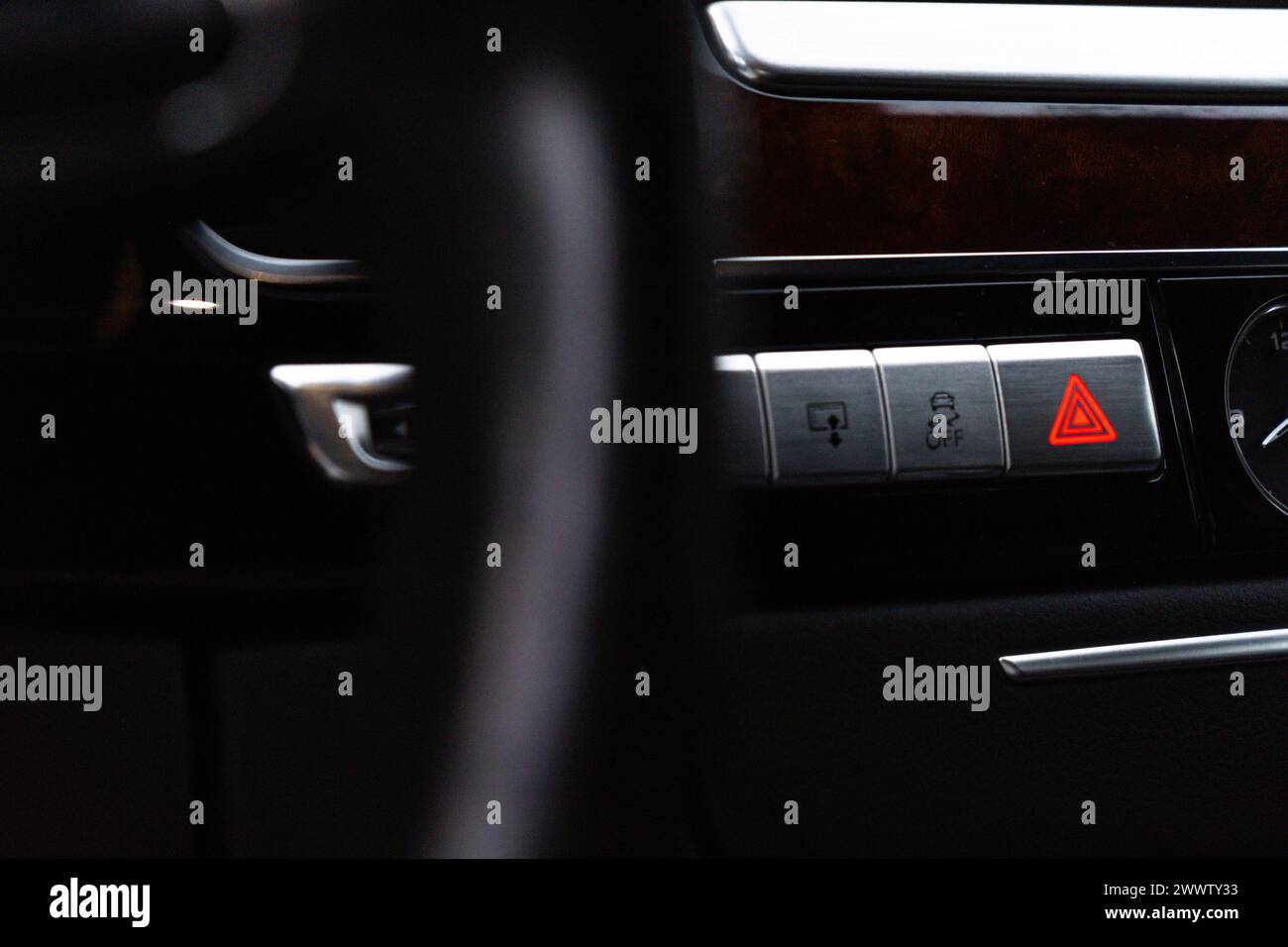 Red emergency button Interior of modern luxury car. Details of ...