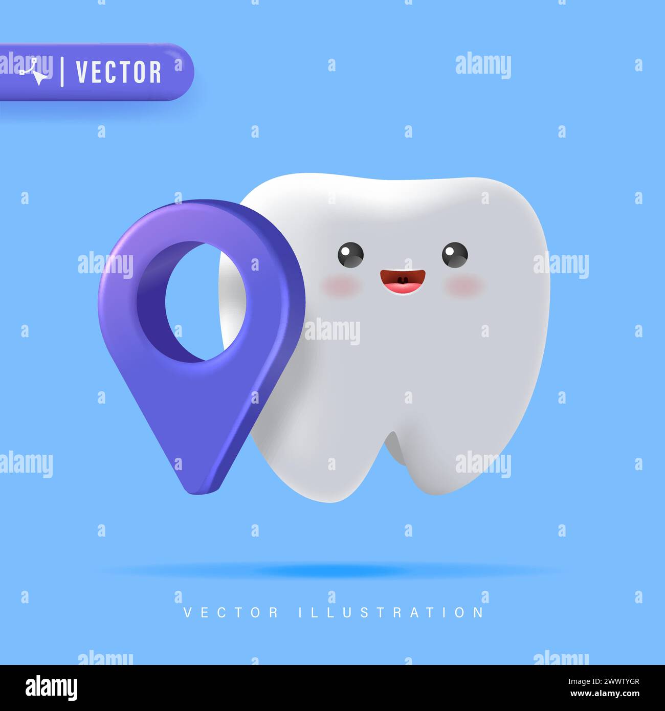 Dental Clinic Location Concept with 3D Realistic Cute Tooth and Location Icon Isolated on Blue ...