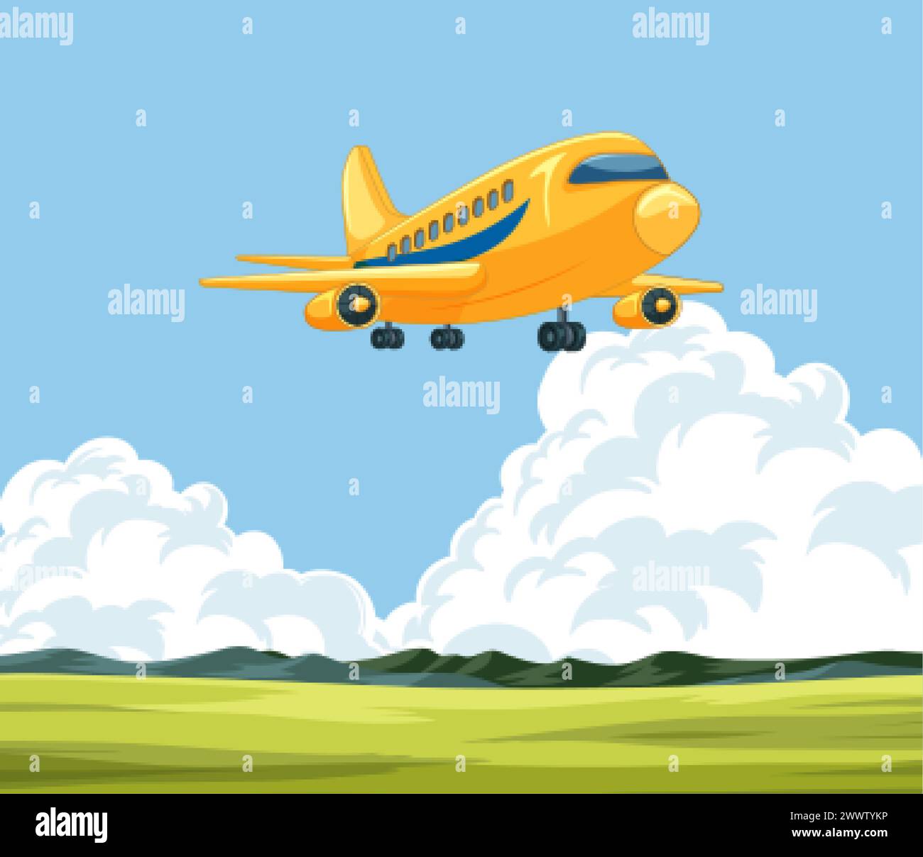 Yellow airplane flying above green fields and clouds Stock Vector Image ...