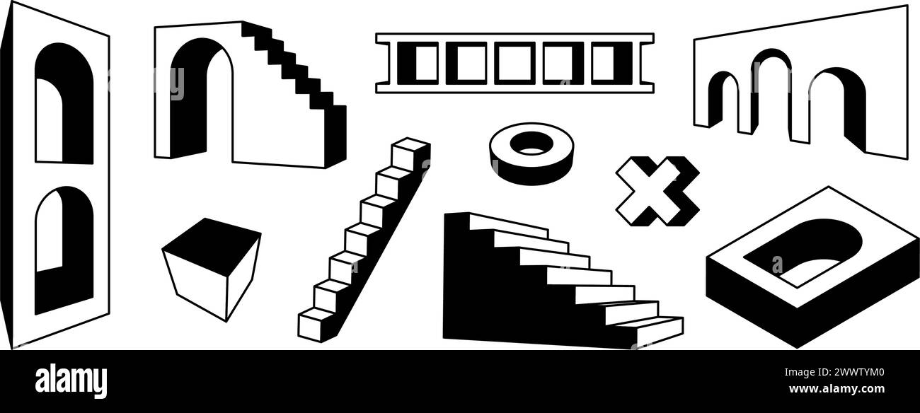Line stairs and arches set. Black white surreal geometric element ...