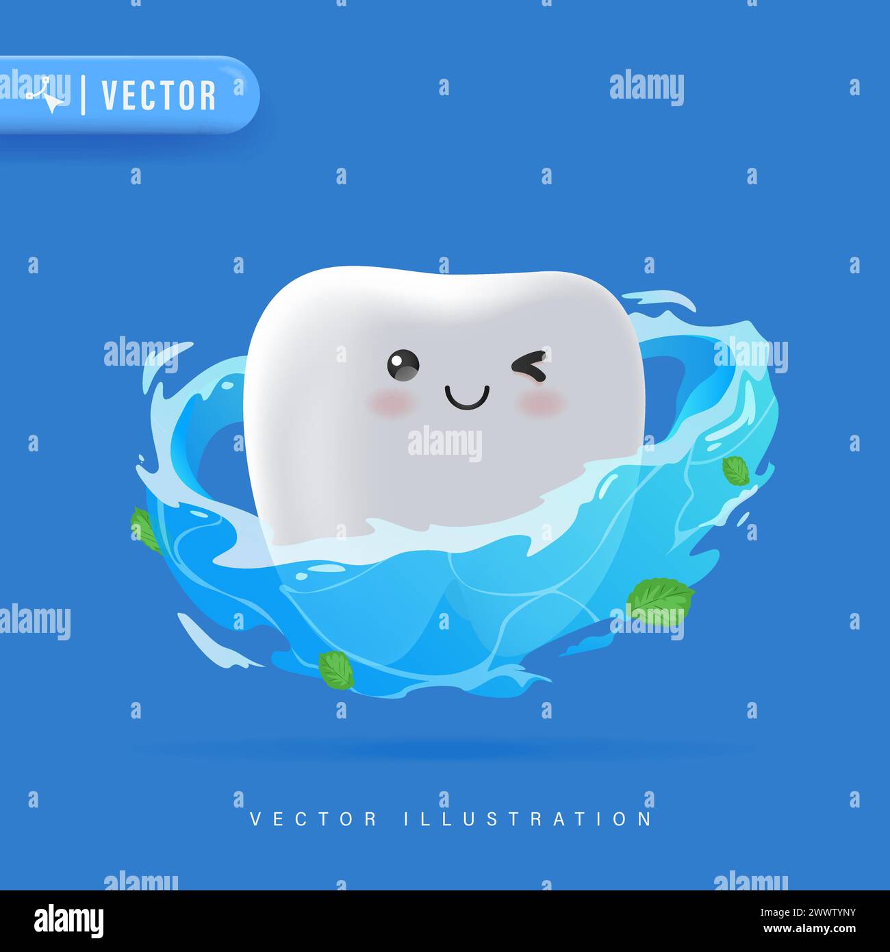 Happy White Tooth 3D Character with Splashing Water and Mints ...