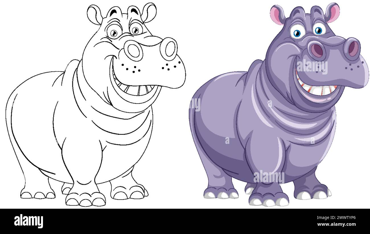 Outlined and colored happy hippo illustrations Stock Vector Image & Art ...