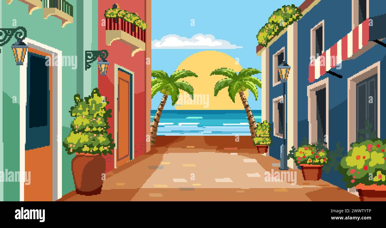 Colorful coastal alley leading to a serene beach Stock Vector Image ...