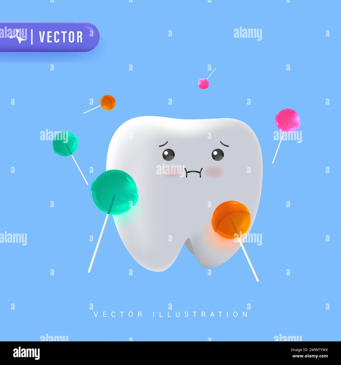 Cute Tooth Characters Feel Bad in Flat Style. Unhealthy Teeth Plaque ...