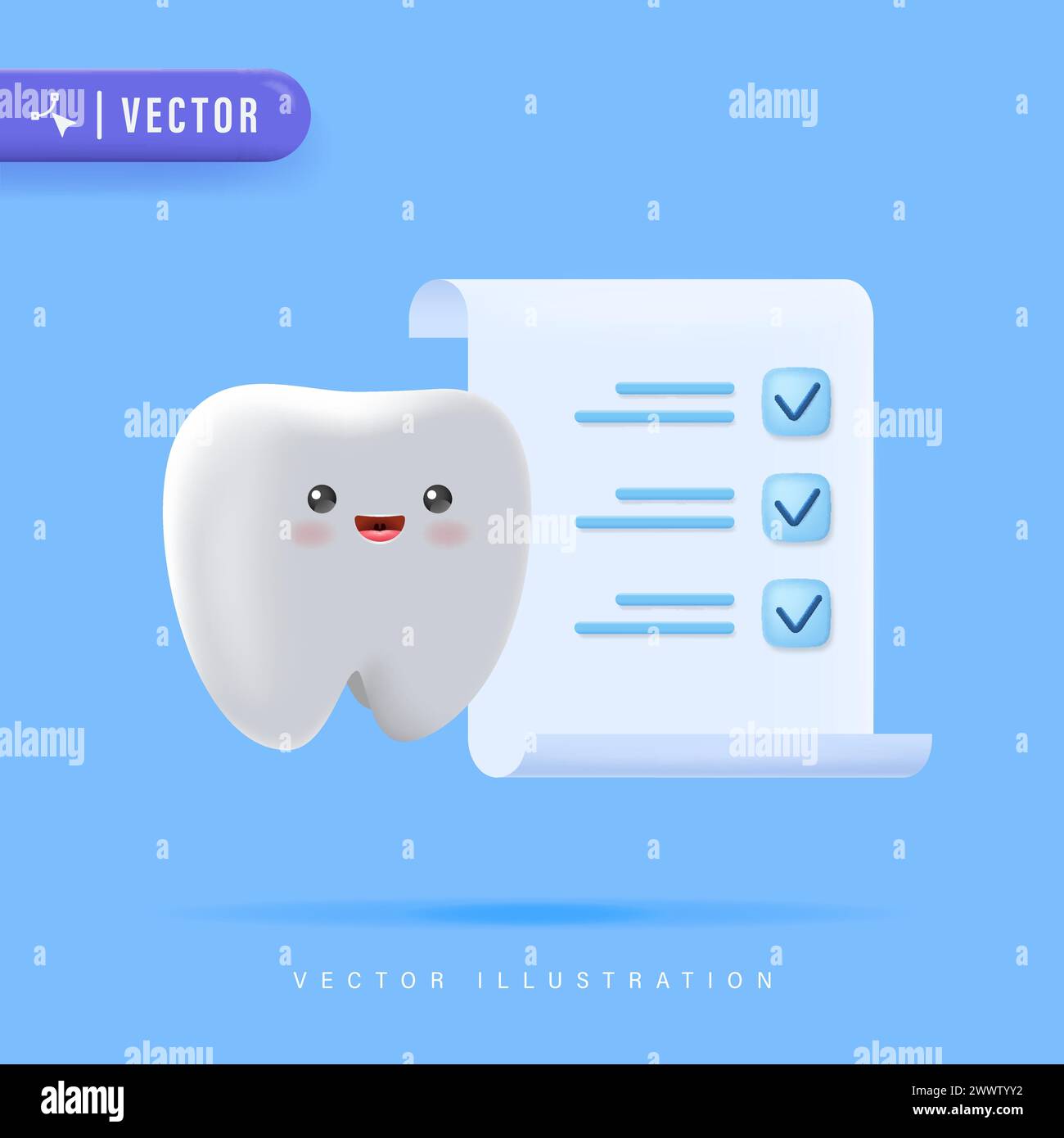 3D Realistic Happy Tooth Character with Diagnose Card. Kids Dental ...