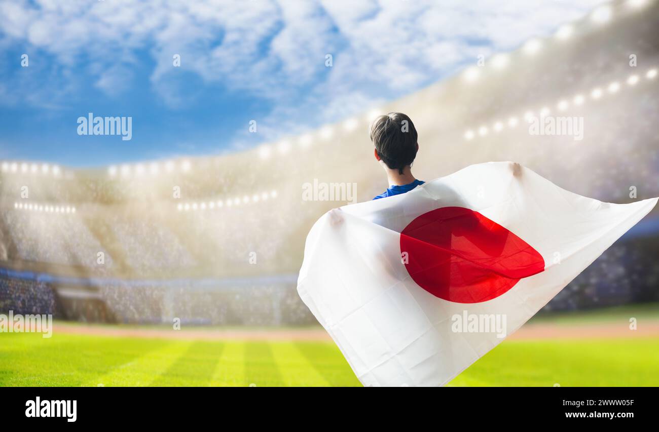 Japan football supporter on stadium. Japanese fans on soccer pitch ...