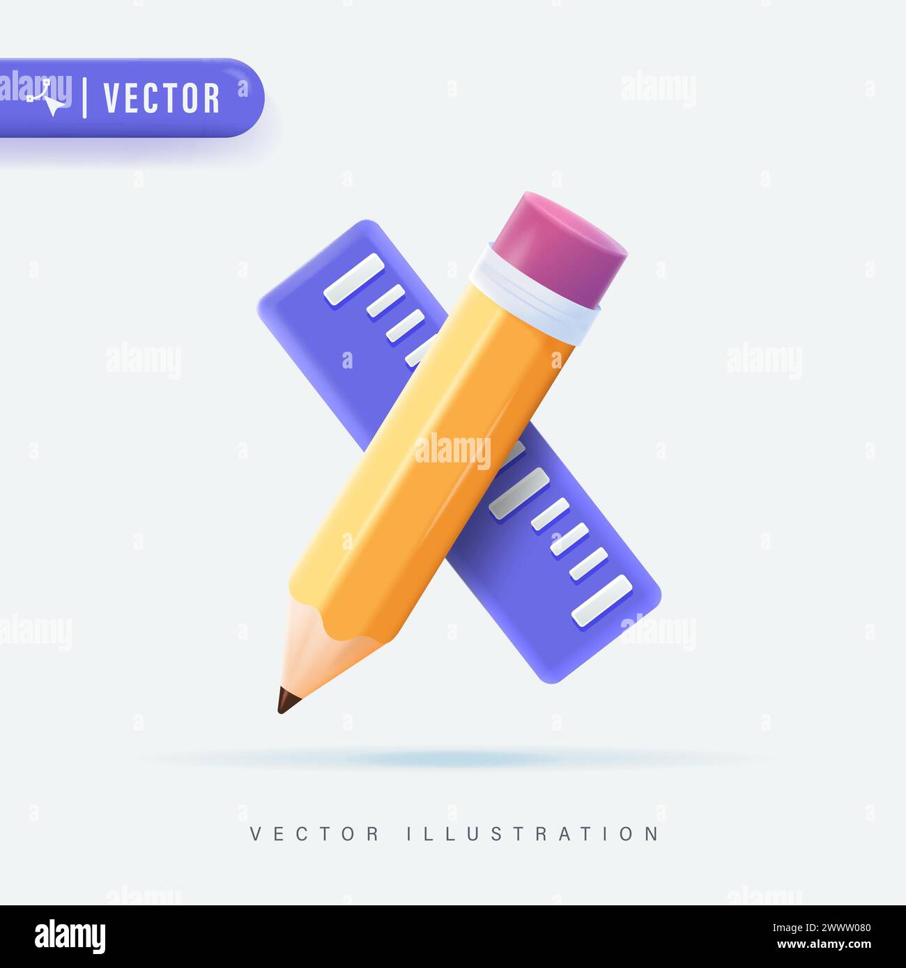 3D Realistic Pencil and Ruler. Volumetric wooden object for writing and ...