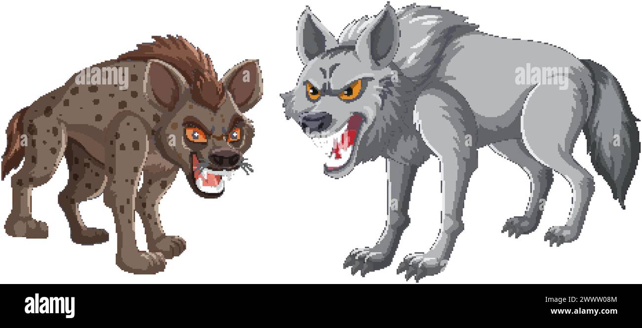 Vector graphic of aggressive hyena and wolf facing off Stock Vector ...