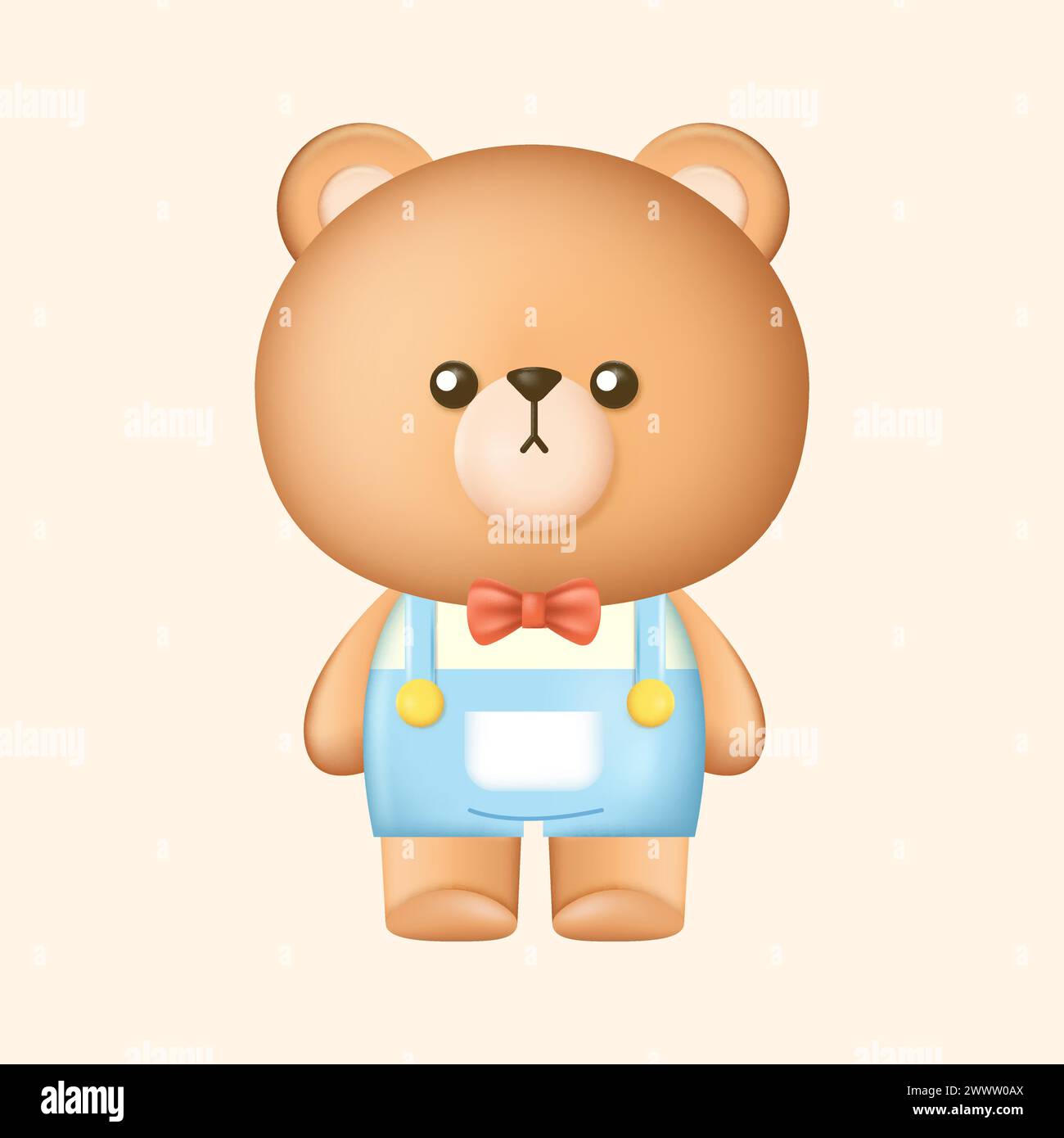 Realistic Baby Bear Character Wearing Blue Jumpsuit with Red Ribbon ...