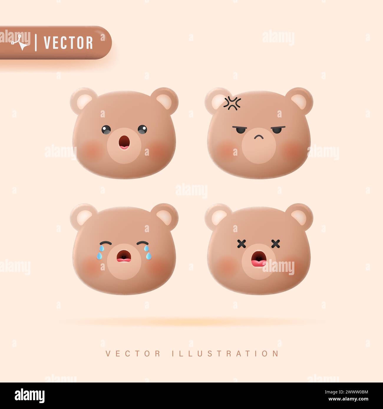 3D Realistic Bear Face Emotions Set with Various Facial Expression ...
