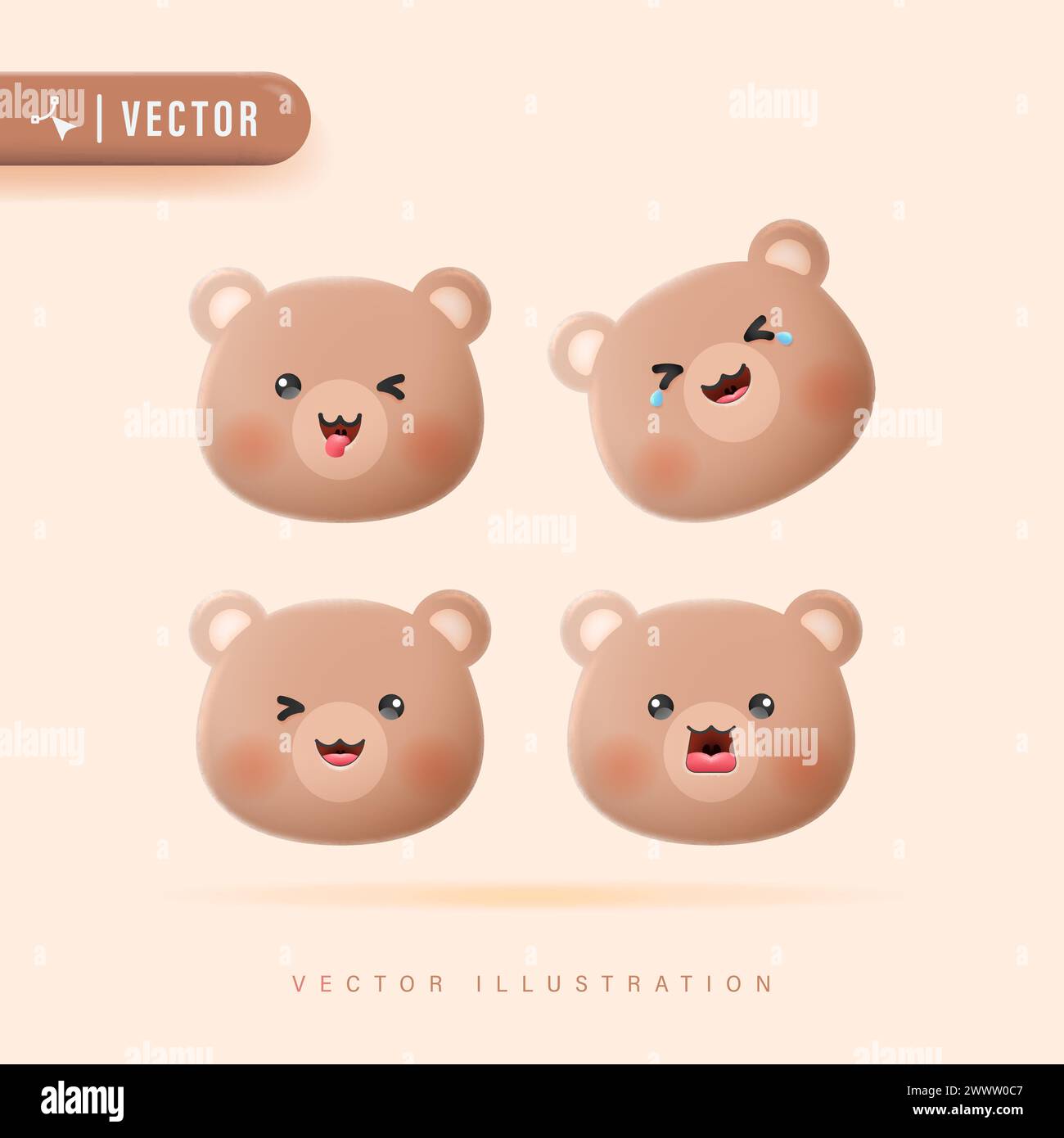 3D Realistic Bear Face Emotions Set with Various Facial Expression ...