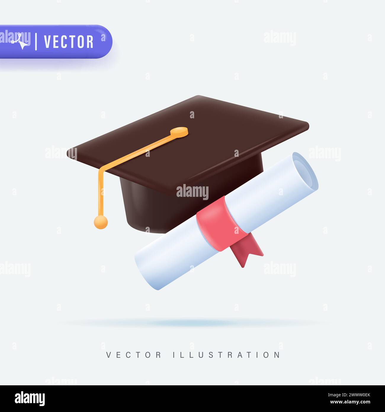 3D Realistic Graduation Hat and Diploma in Isolated White Background ...