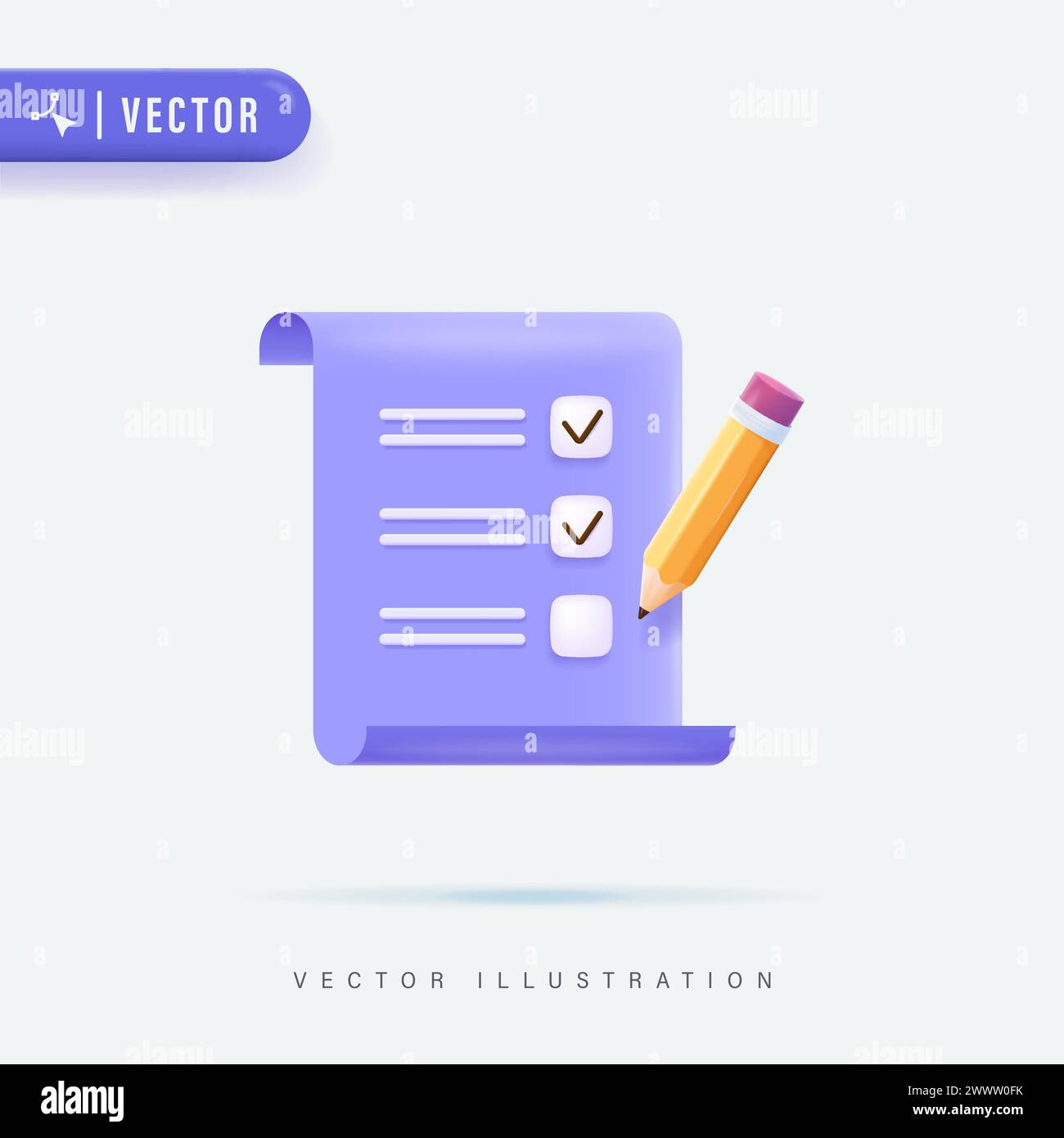 3D Realistic Checklist on Clipboard Paper and Pencil Vector Illustration. Successful Completion ...