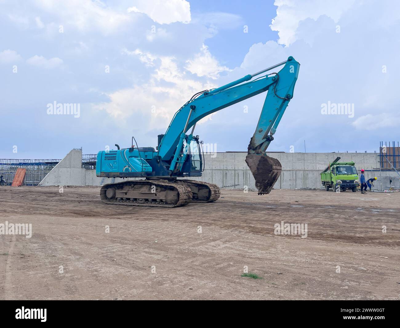 excavator or backhoe on construction site and sky background Stock ...