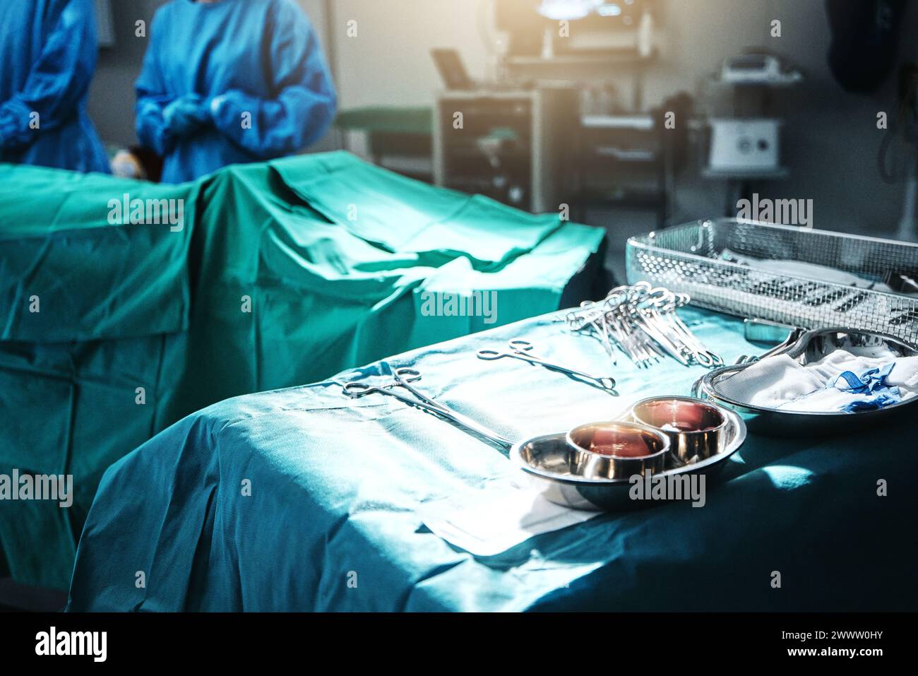 Surgery, table and equipment for procedure in hospital for medical transplant treatment ...