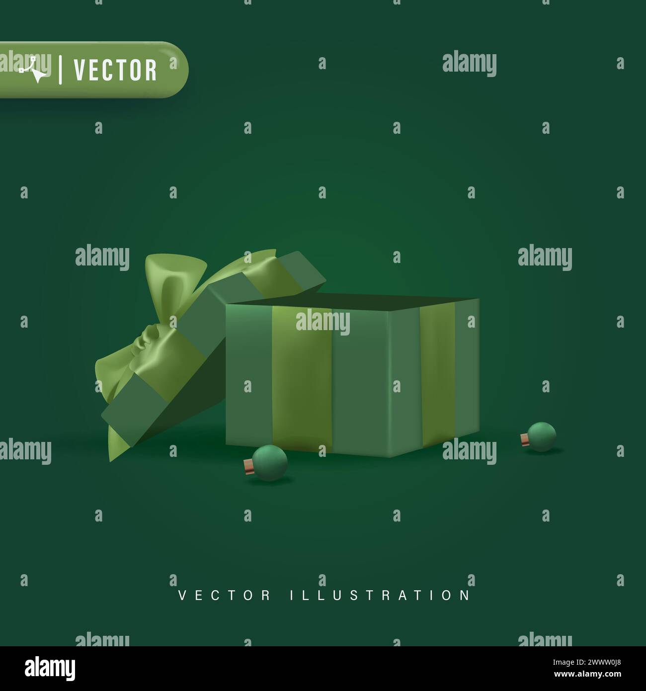 3D Realistic Green Doff Gift Box with Green Ribbon Bow Vector ...