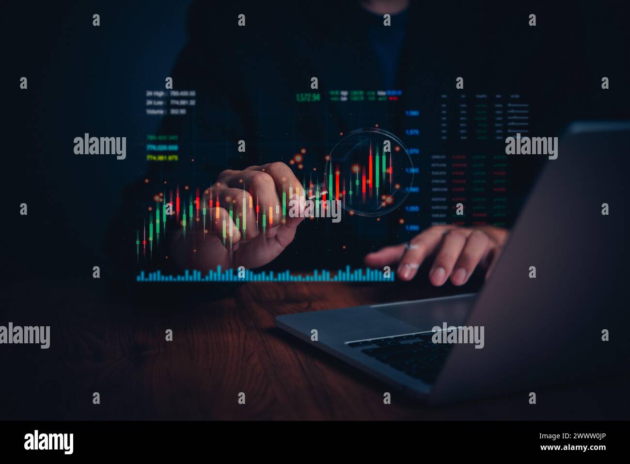 Businessperson using a laptop to study financial graphs and stock ...