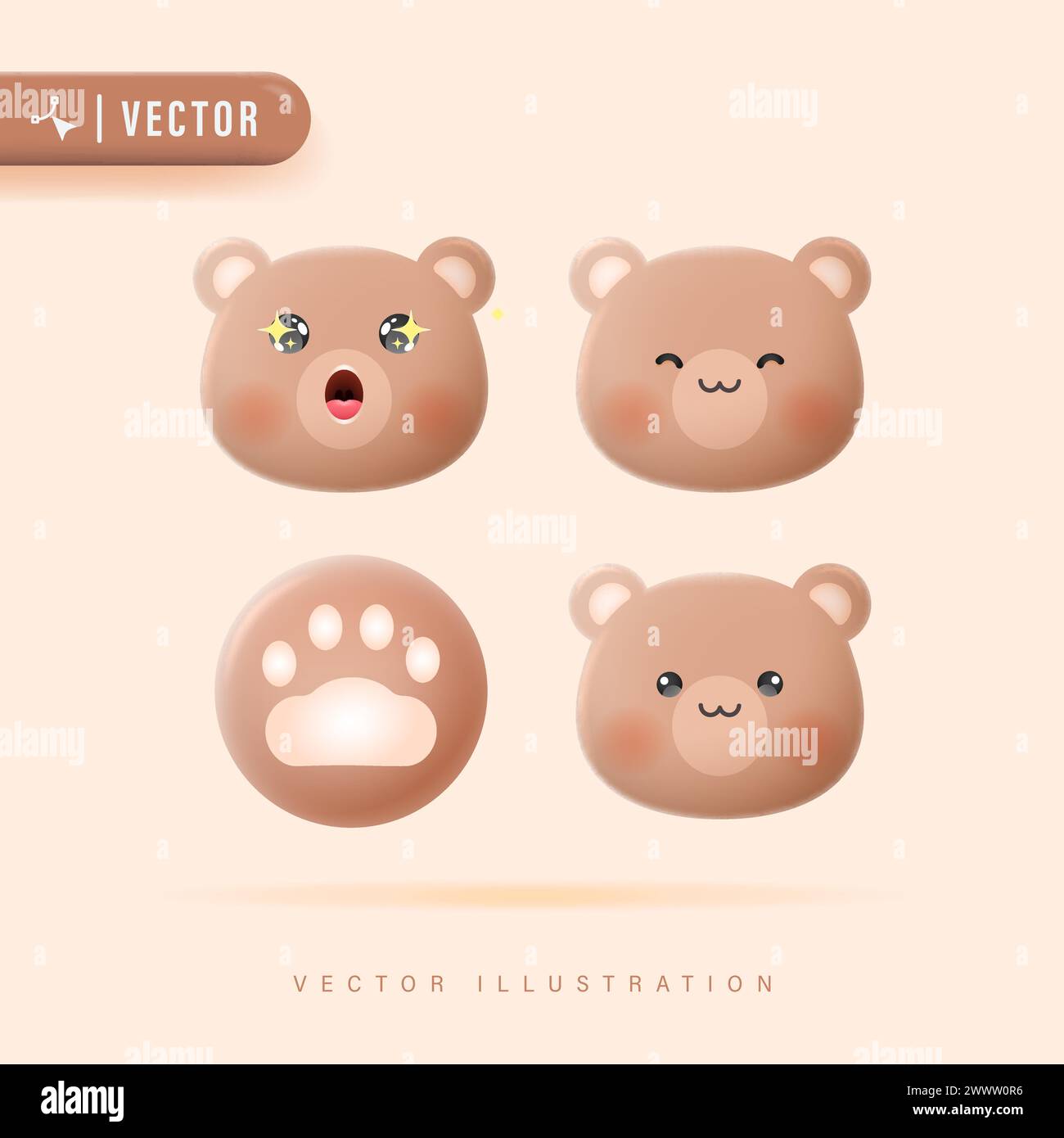 3D Realistic Bear Face Emotions Set with Various Facial Expression ...