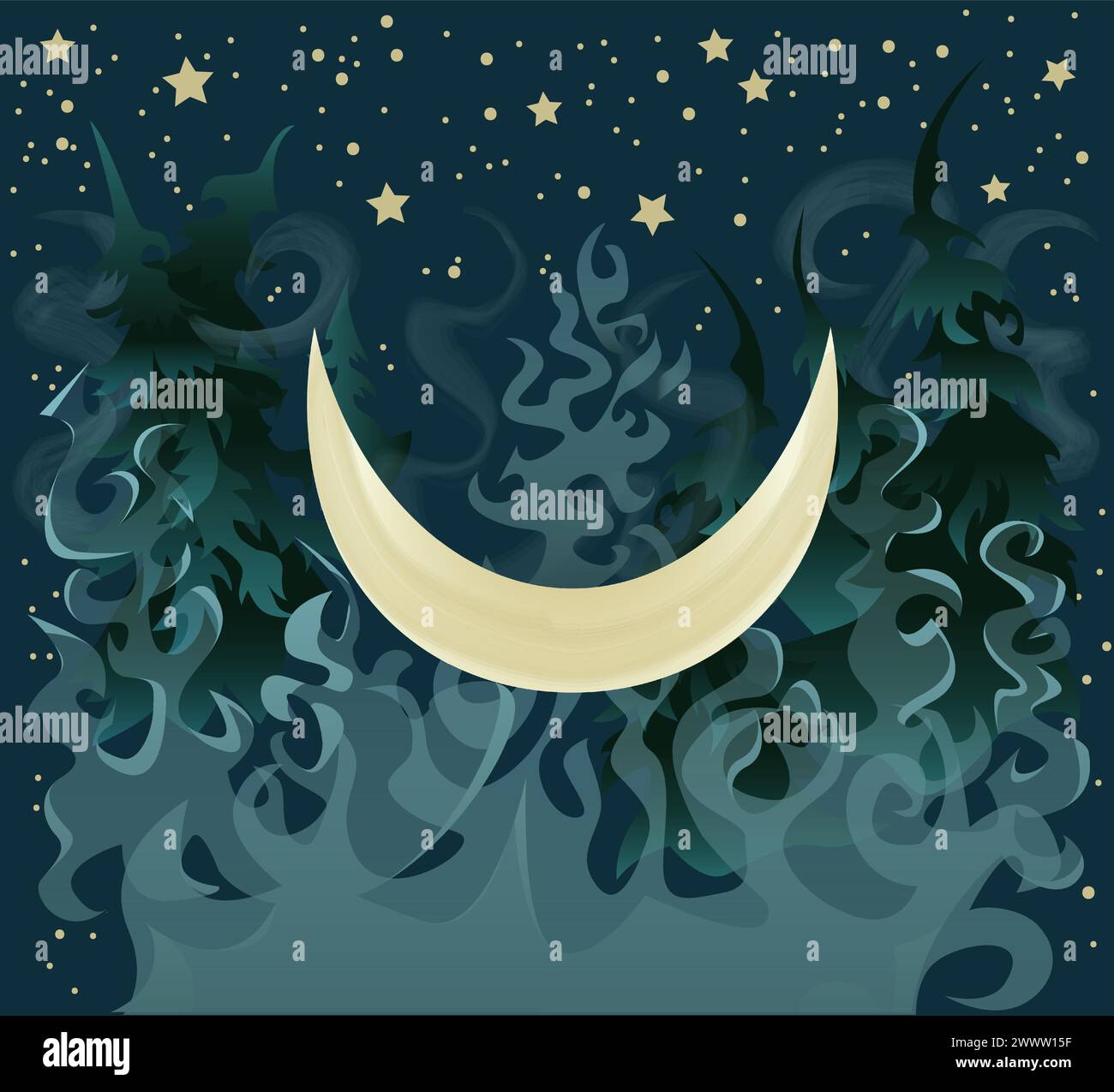 Fantasy vector illustration with moon, magic forest and smoke in the ...