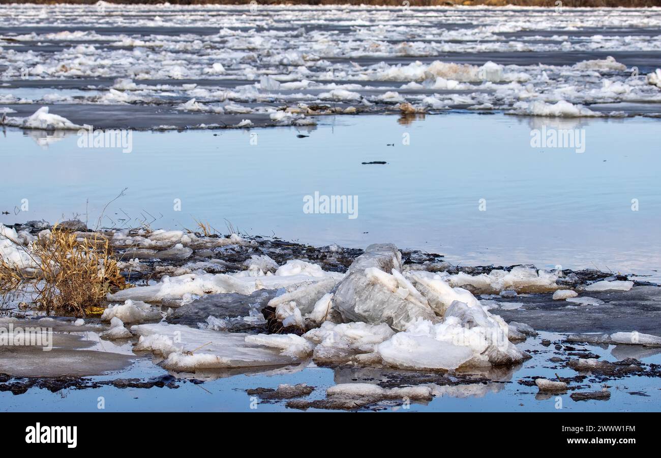 A landscape of an ice drift (ice-boom, debacle) on the northern river ...