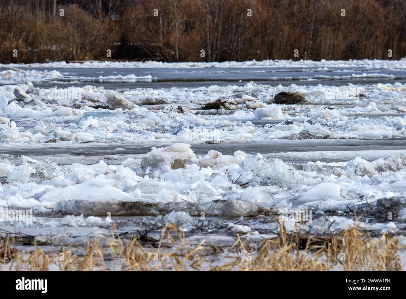 A landscape of an ice drift (ice-boom, debacle) on the northern river ...