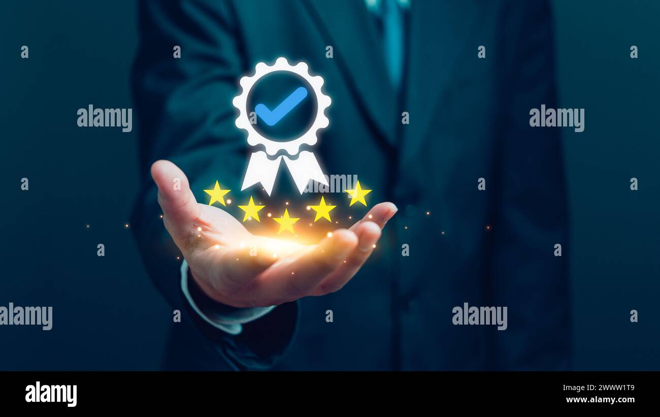 Businessman presents a glowing five-star rating and quality assurance ...