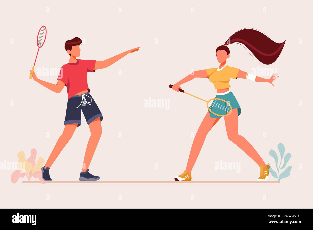 Man Playing Badminton With Woman Isolated Background Flat Design ...