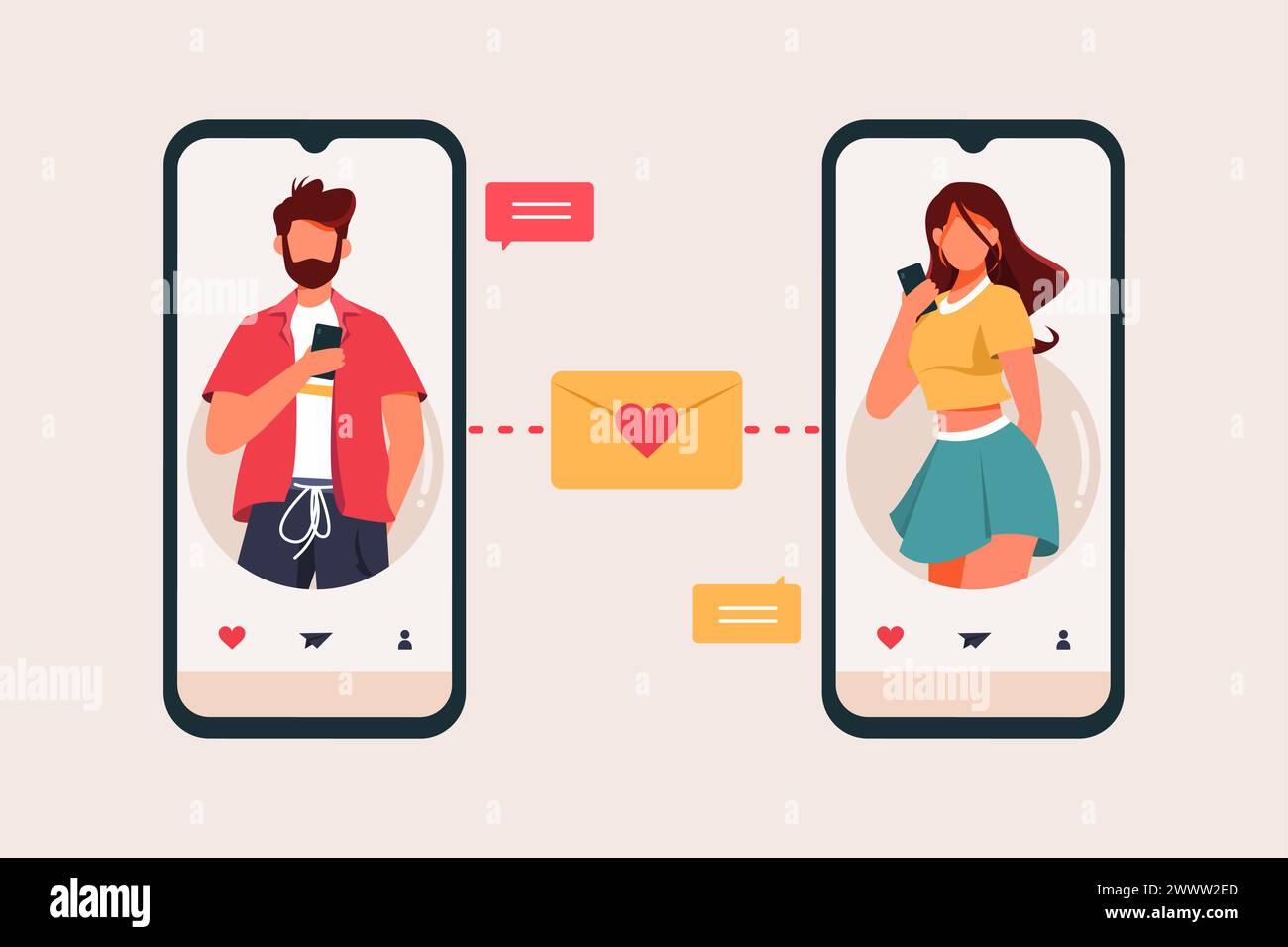 Dating app Flat Design Concept, Male and Female Sending Message with ...