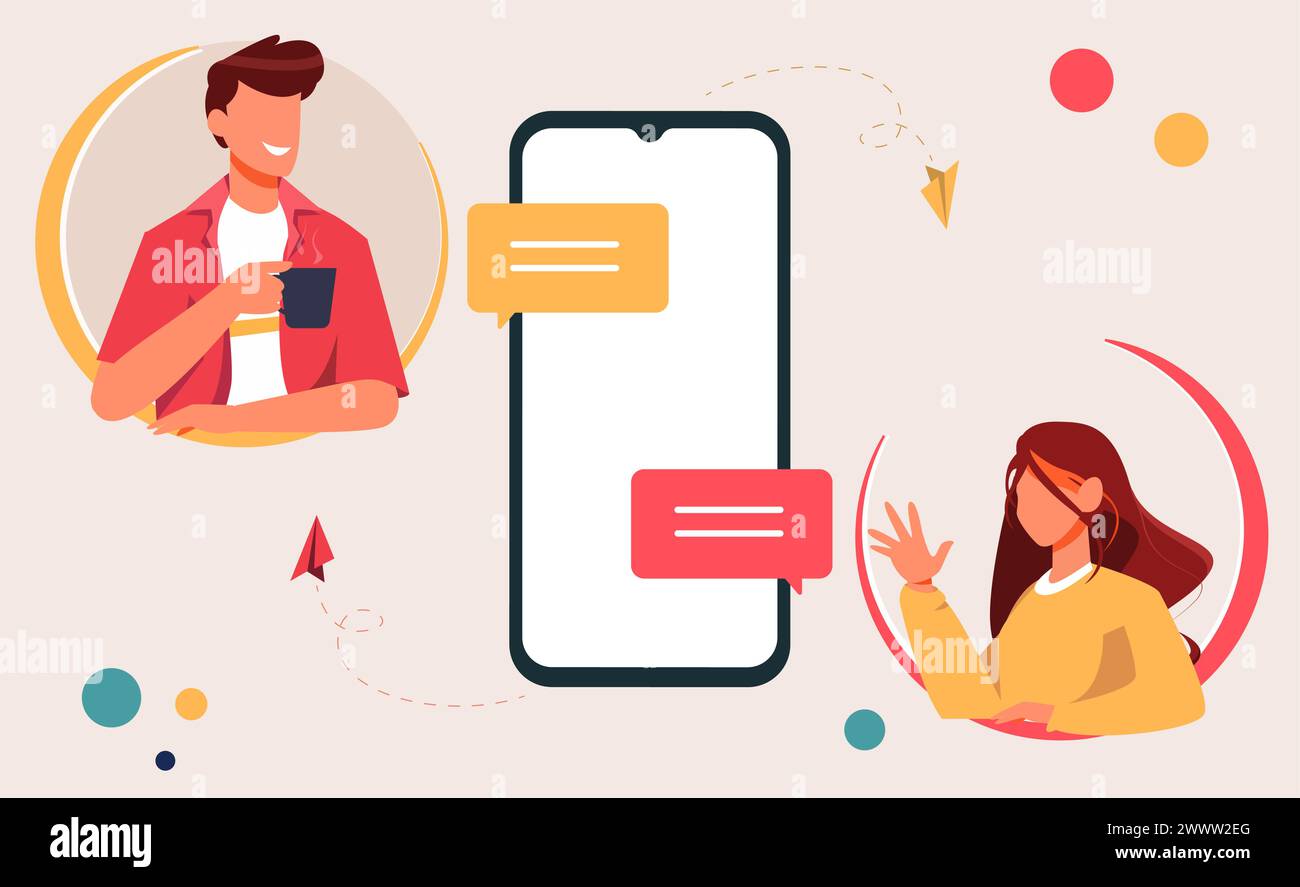 Male and female chatting by phone concept vector illustration, People ...