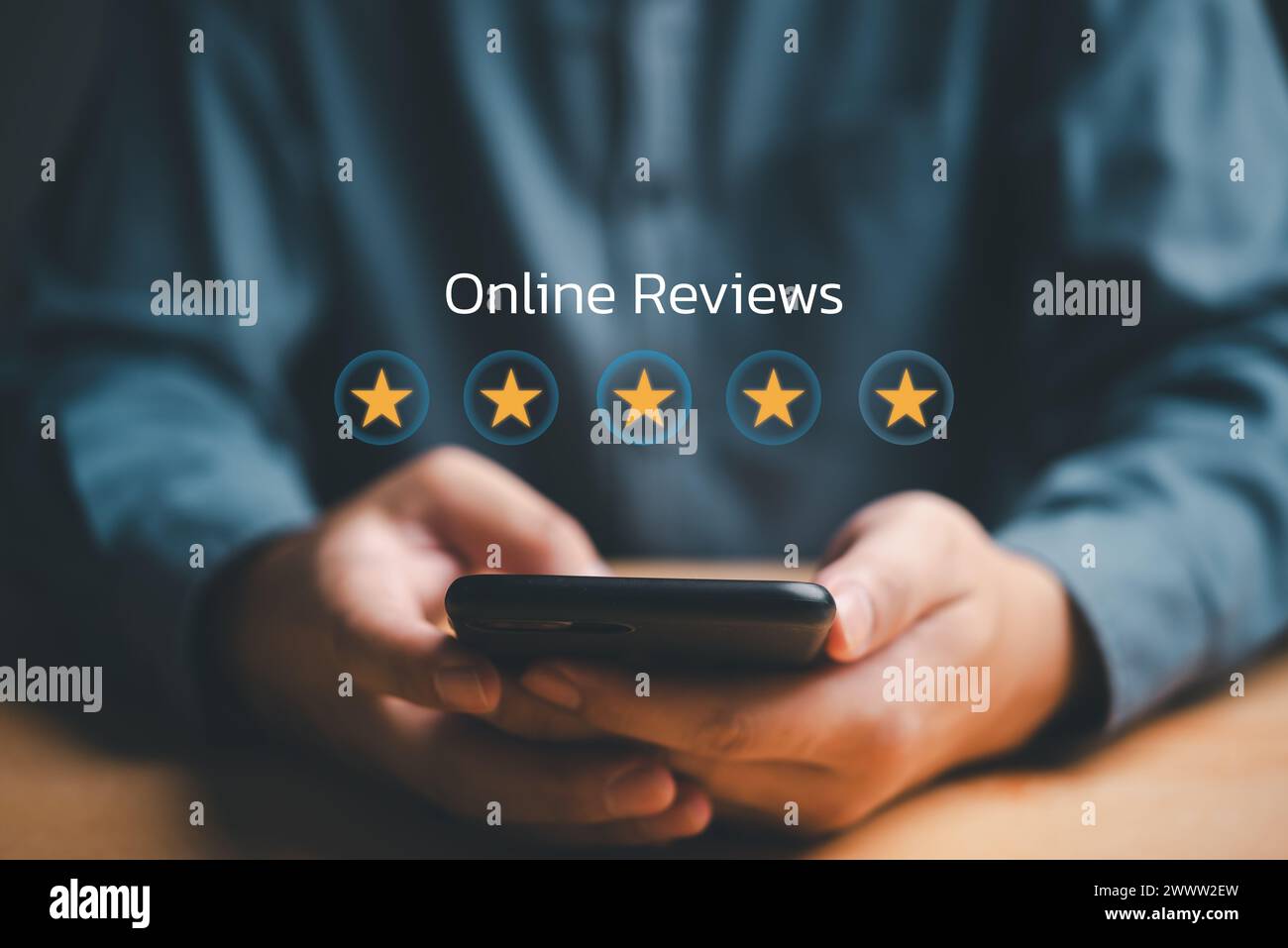 Man hands are shown giving feedback five-star rating on a smartphone customer satisfaction with ...