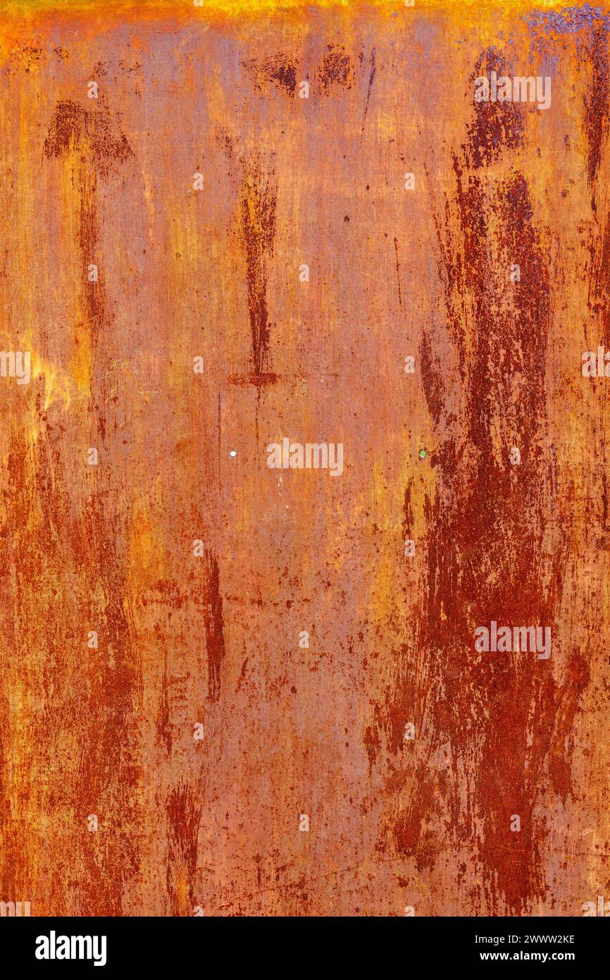 rusty flat sheet metal surface full-frame background and texture with leftovers of white paint ...