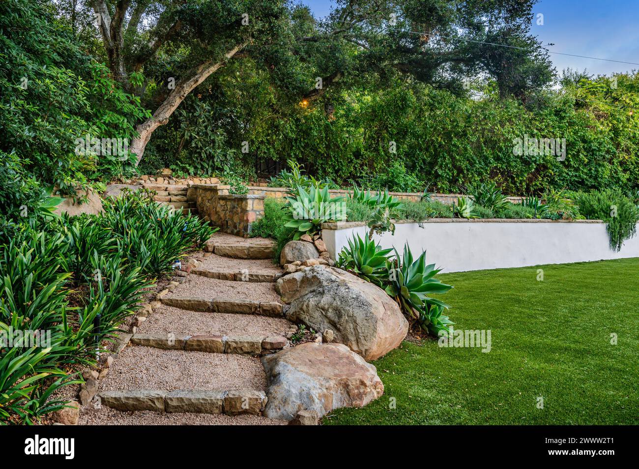 Narrow path with big rocks between lawns Stock Photo - Alamy