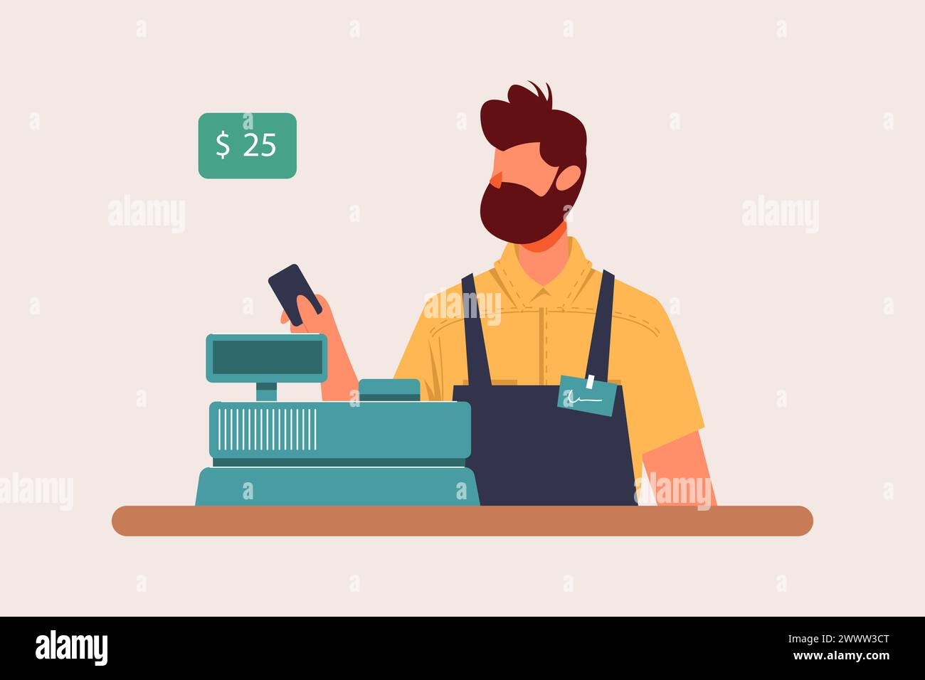 Cashier Behind Cashier Counter Flat Design Concept, Cashierman in the ...