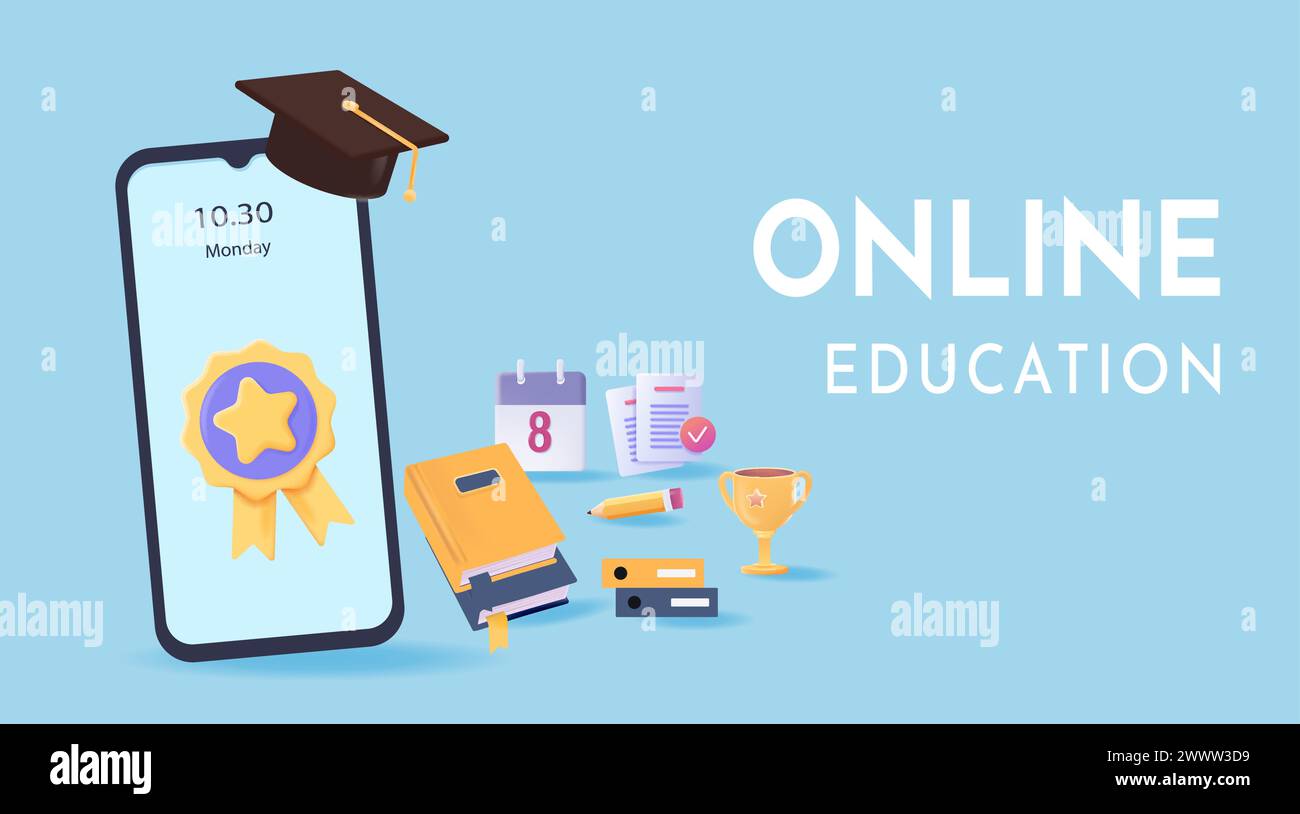 Digital Online Education Application learning on phone. 3D vector ...