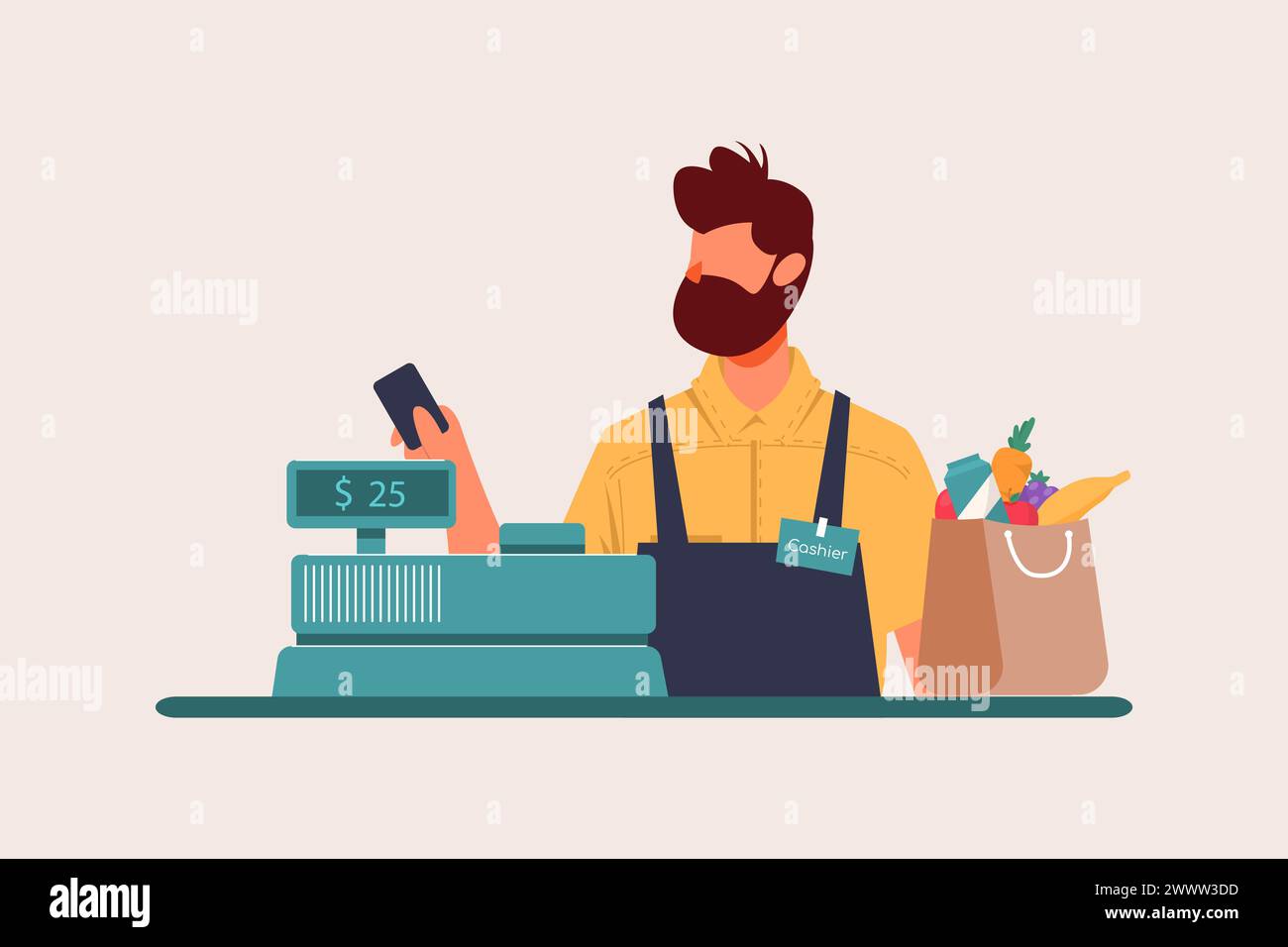 Cashier Behind Cashier Counter Flat Design Concept, Cashierman in the ...