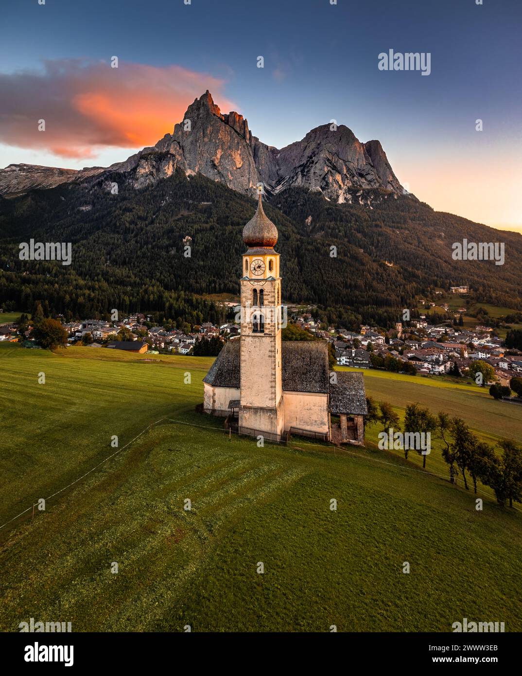 Seis am Schlern, Italy - Aerial view of St. Valentin Church and famous ...
