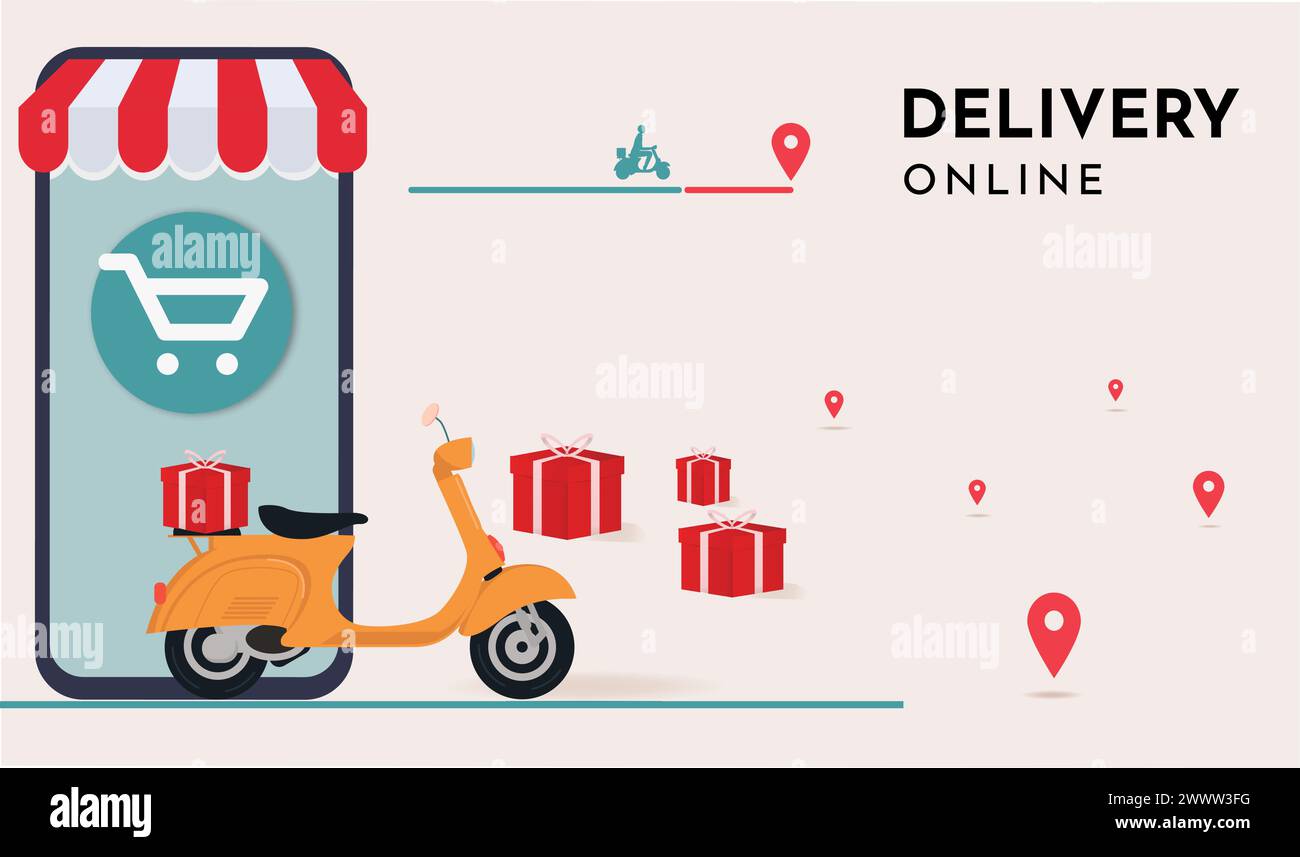 Delivery Online Concept with Scooter and Package Ready To Be Delivered Vector Illustration ...
